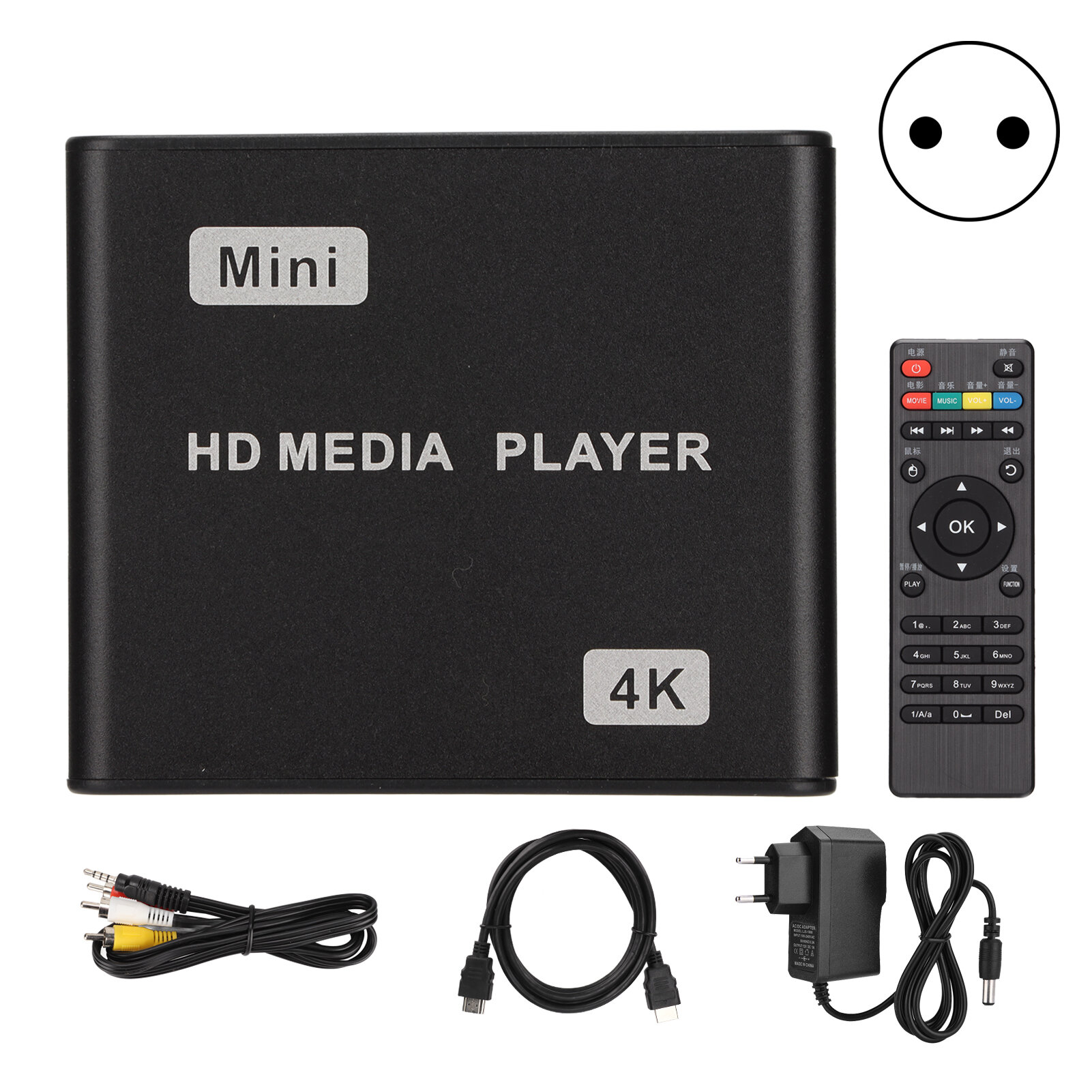 4K HD Media Player Mini Streaming Media Player с дистанционным управлением и светодиодным индикатором 100–240Veu Plug
