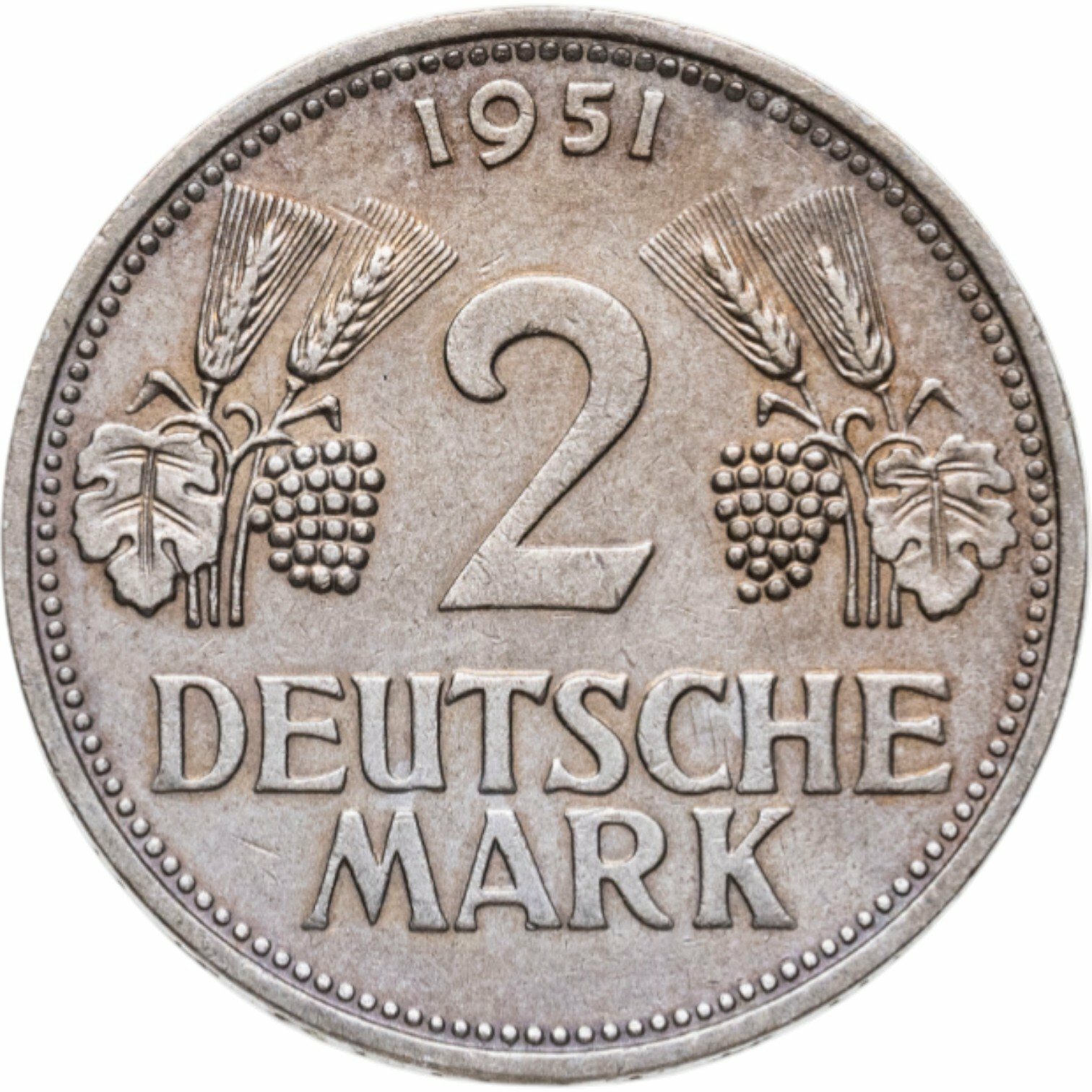 Германия 2 марки 1951, знак монетного двора: "F" - Штутгарт, Мельхиор медь-никель, в сохранности XF