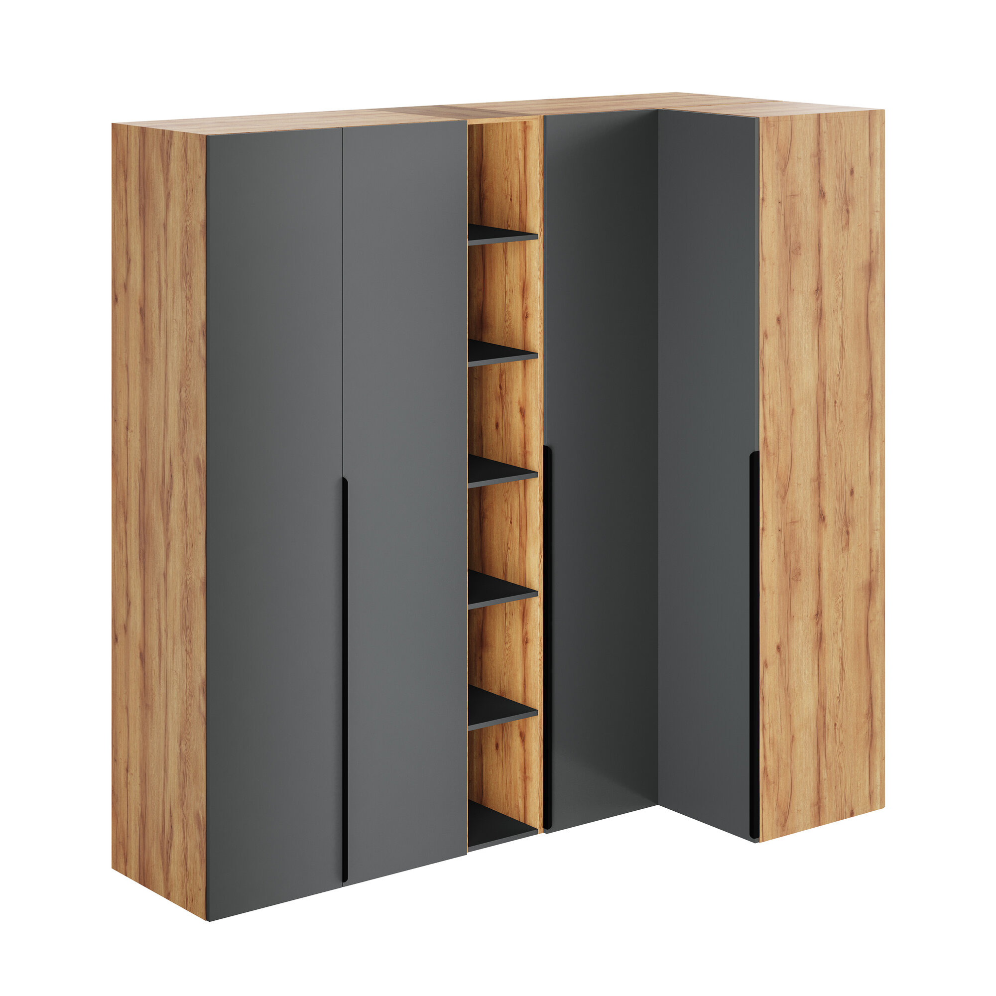Распашной шкаф + стеллаж переходной + угловой шкаф + пенал коллекции Брайт Графит