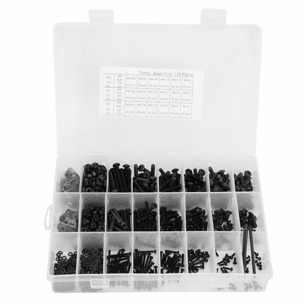 Набор из 1080 предметов: винты, гайки, болты, плоские шайбы и гаечные ключи из черной углеродистой стали с полукруглыми головками.