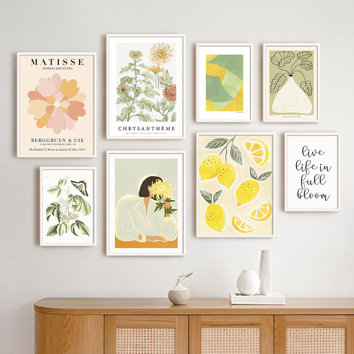 Постеры 8 шт на стену для интерьера "Набор абстракций желтый и зеленый"