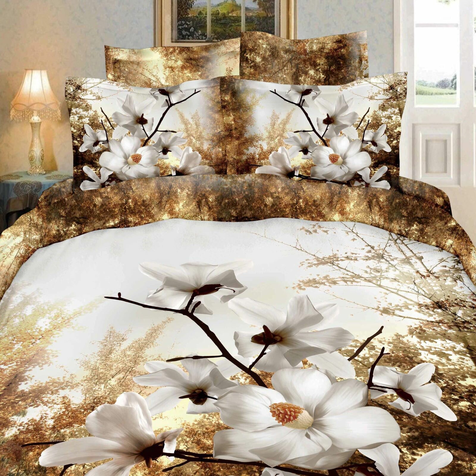 Постельное белье Волшебные сны, евро размер с простыней на резинке 180*200, мако-сатин, с наволочками 50х70, сад магнолий-евро-50-180