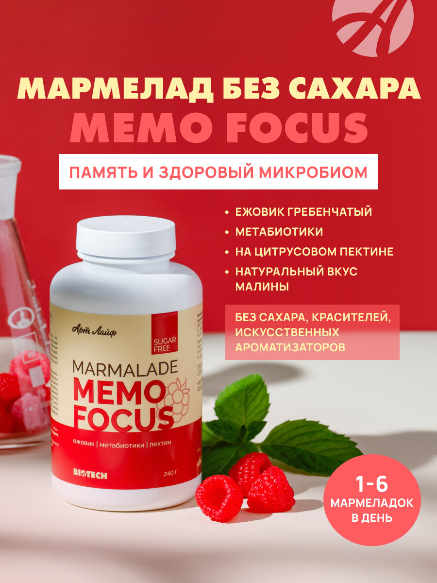 Мармелад Арт Лайф Мемо Фокус, жевательный, для улучшения памяти, с малиновым вкусом, 240г