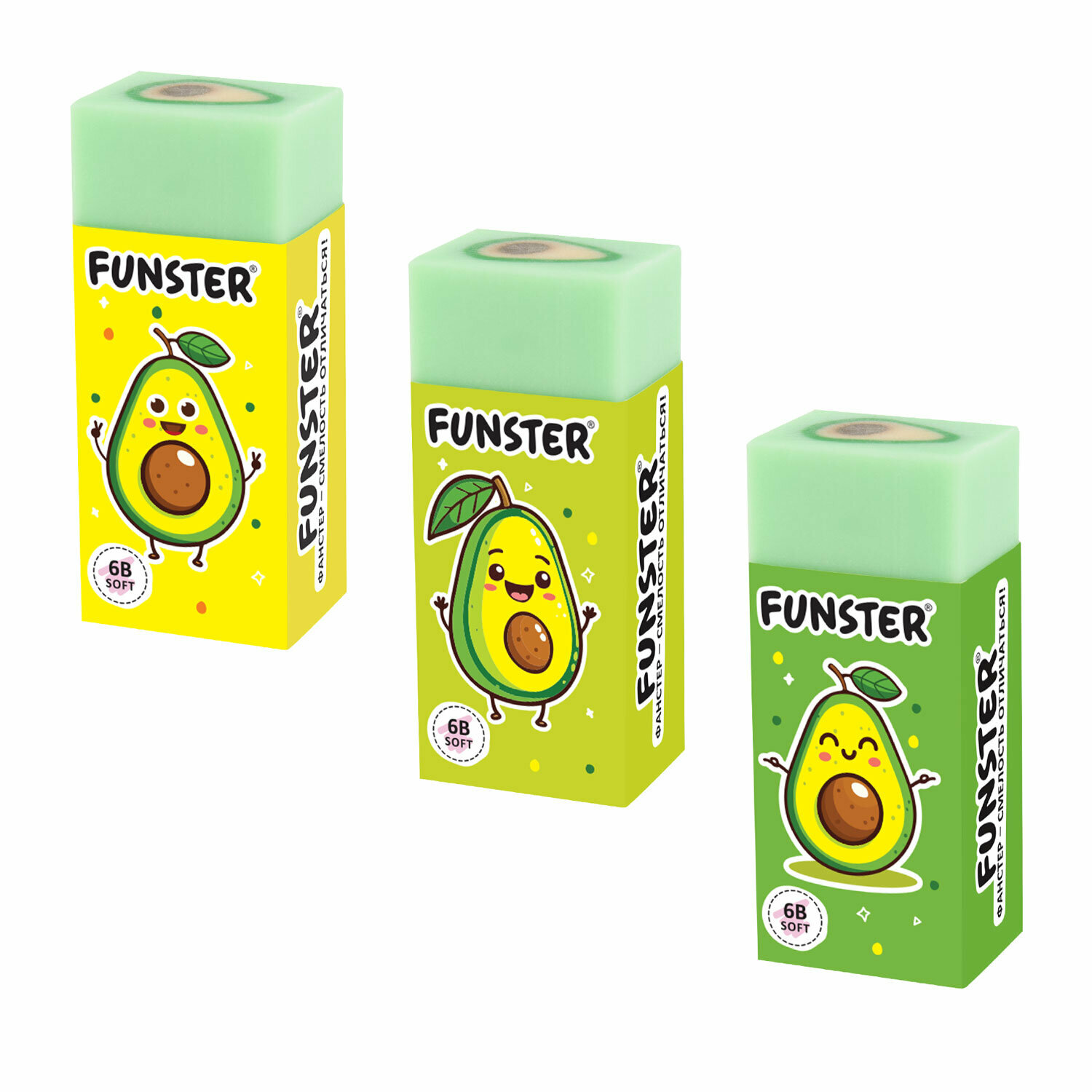 Упаковка 12 шт. Ластики FUNSTER (фанстер) "AVOCADO", набор 3 штуки, 50х21х16 мм, прямоугольные, картонный держатель, экологичный ПВХ, блистер, 272724