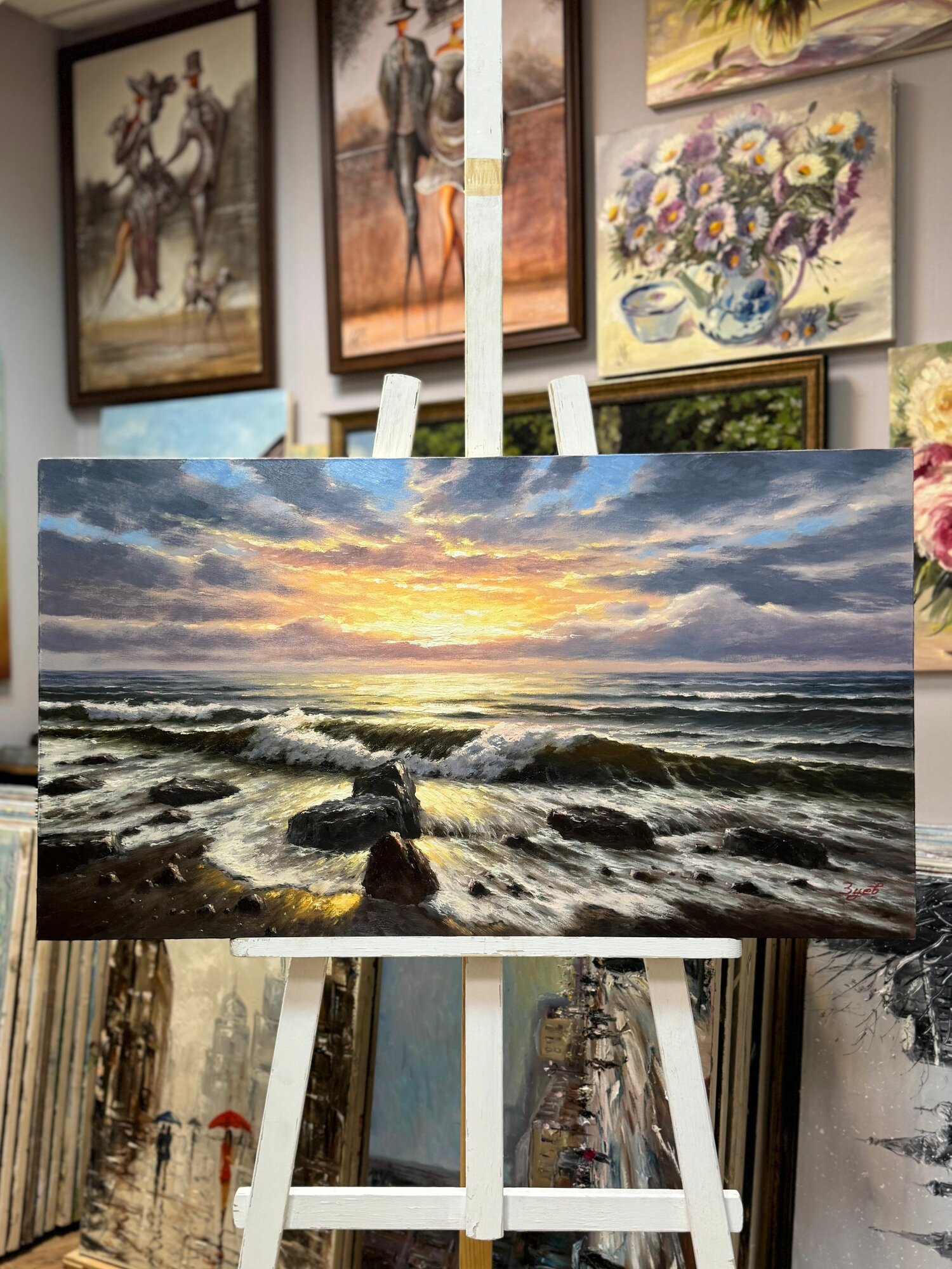 Картина маслом морской пейзаж, волны рассвет. 50х90 см. Художественная мастерская Грезы.