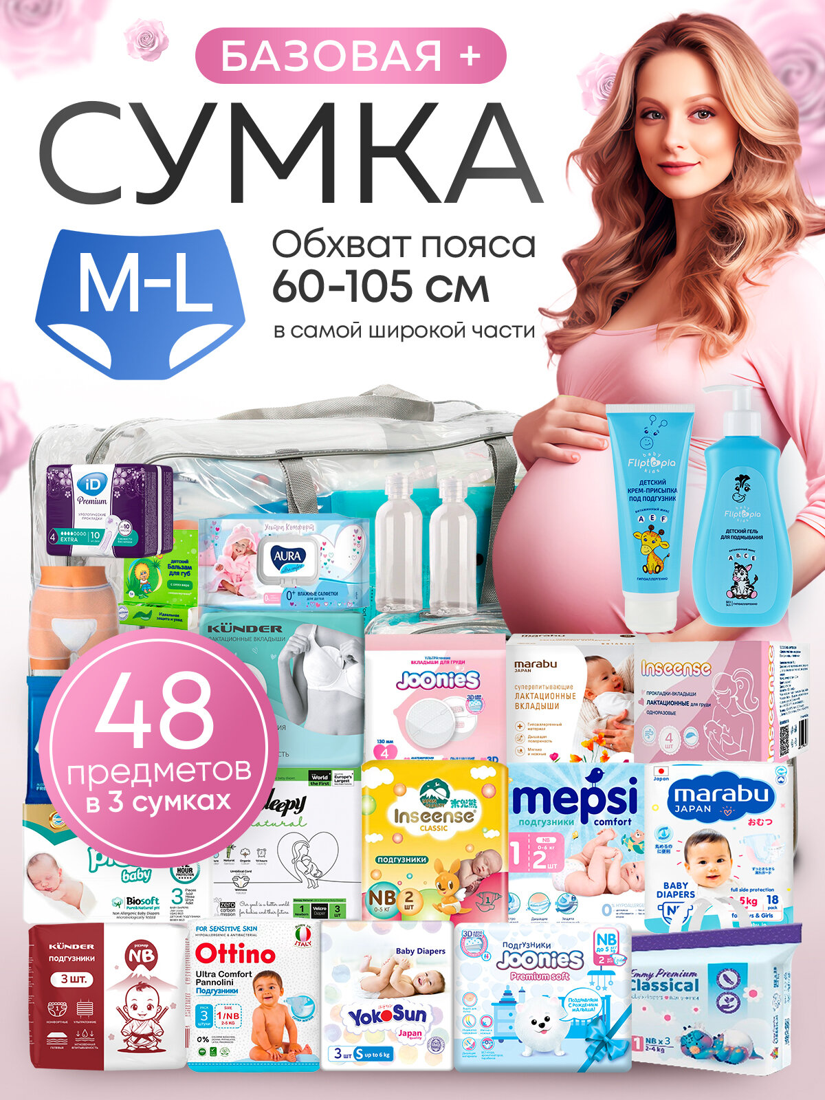 Готовая сумка в роддом для малыша и мамы BAZA PLUS, послеродовые трусы ML, 48 предметов, серая прозрачная