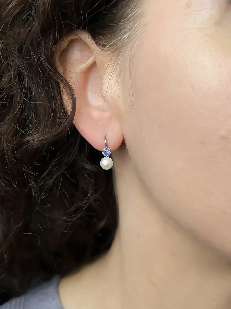 Серьги, платина, 585 проба, жемчуг, танзанит