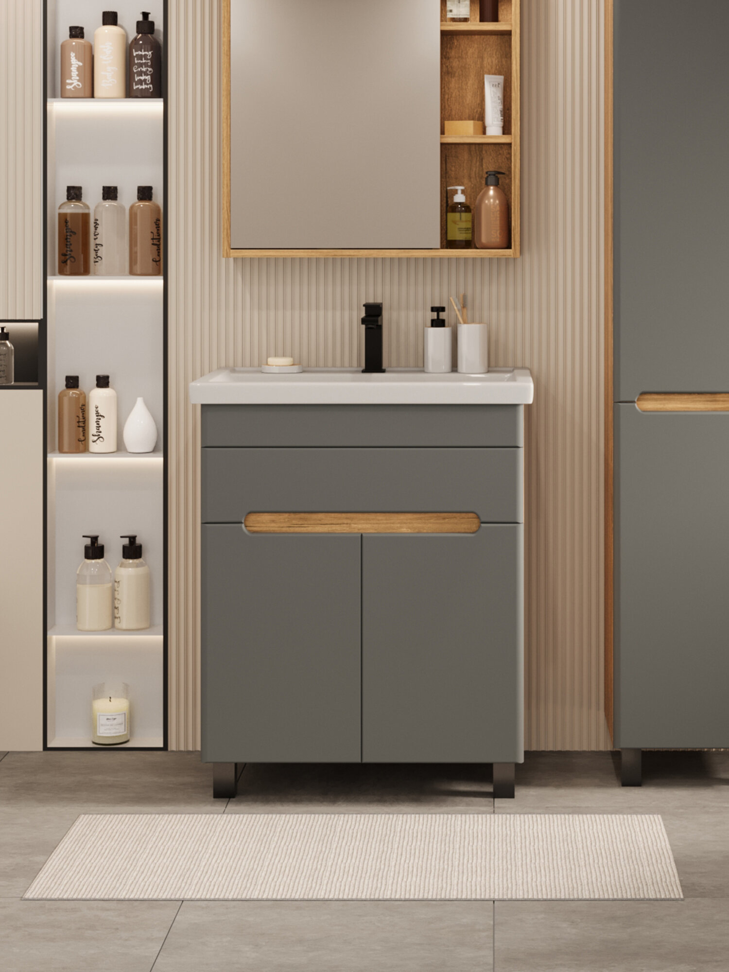 Тумба напольная Vannika Bliss 70 с раковиной Фостер 70 для ванной комнаты, графит софт