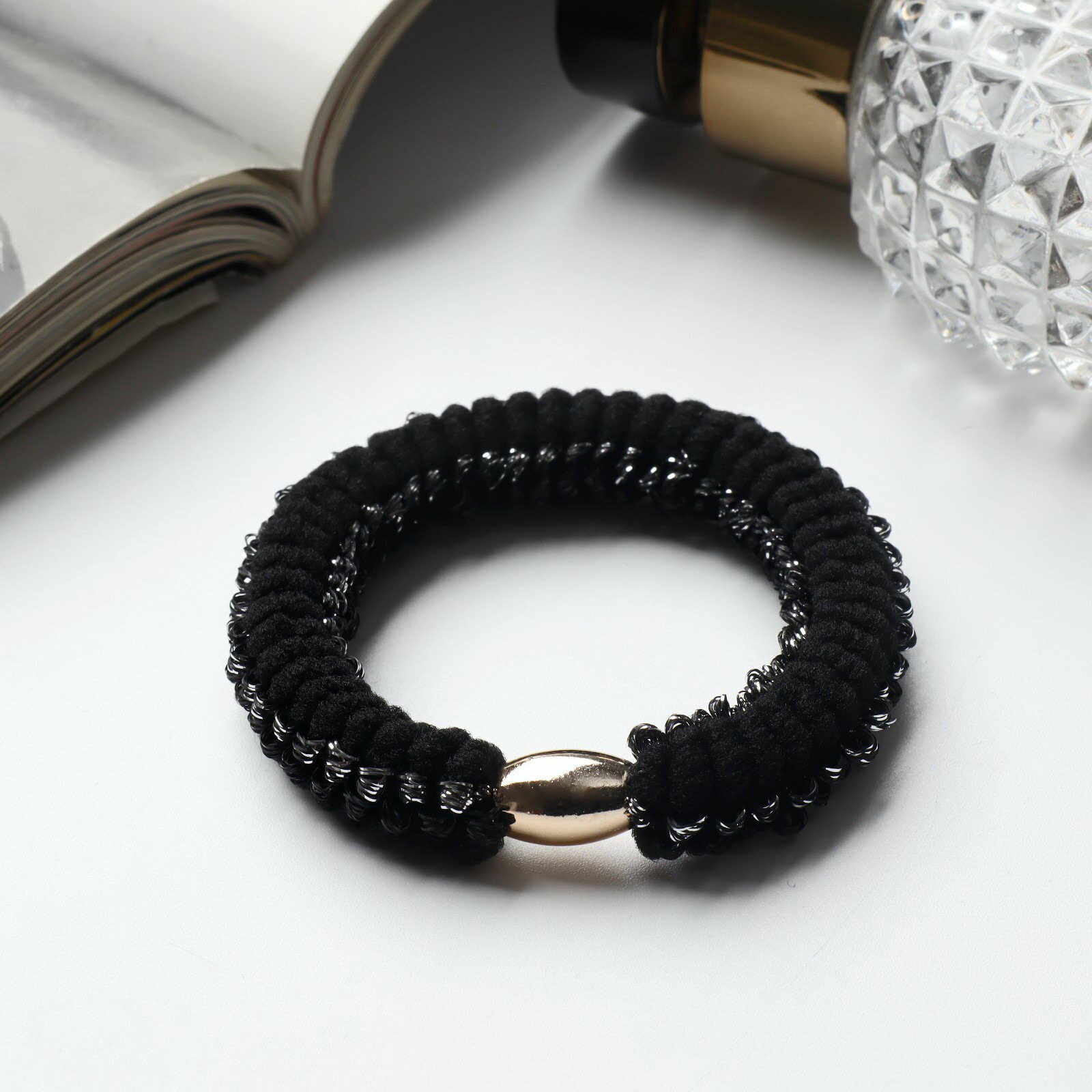 Резинка для волос "Спорт", классика полоса блеск, 5 см, чёрная, 10 шт.