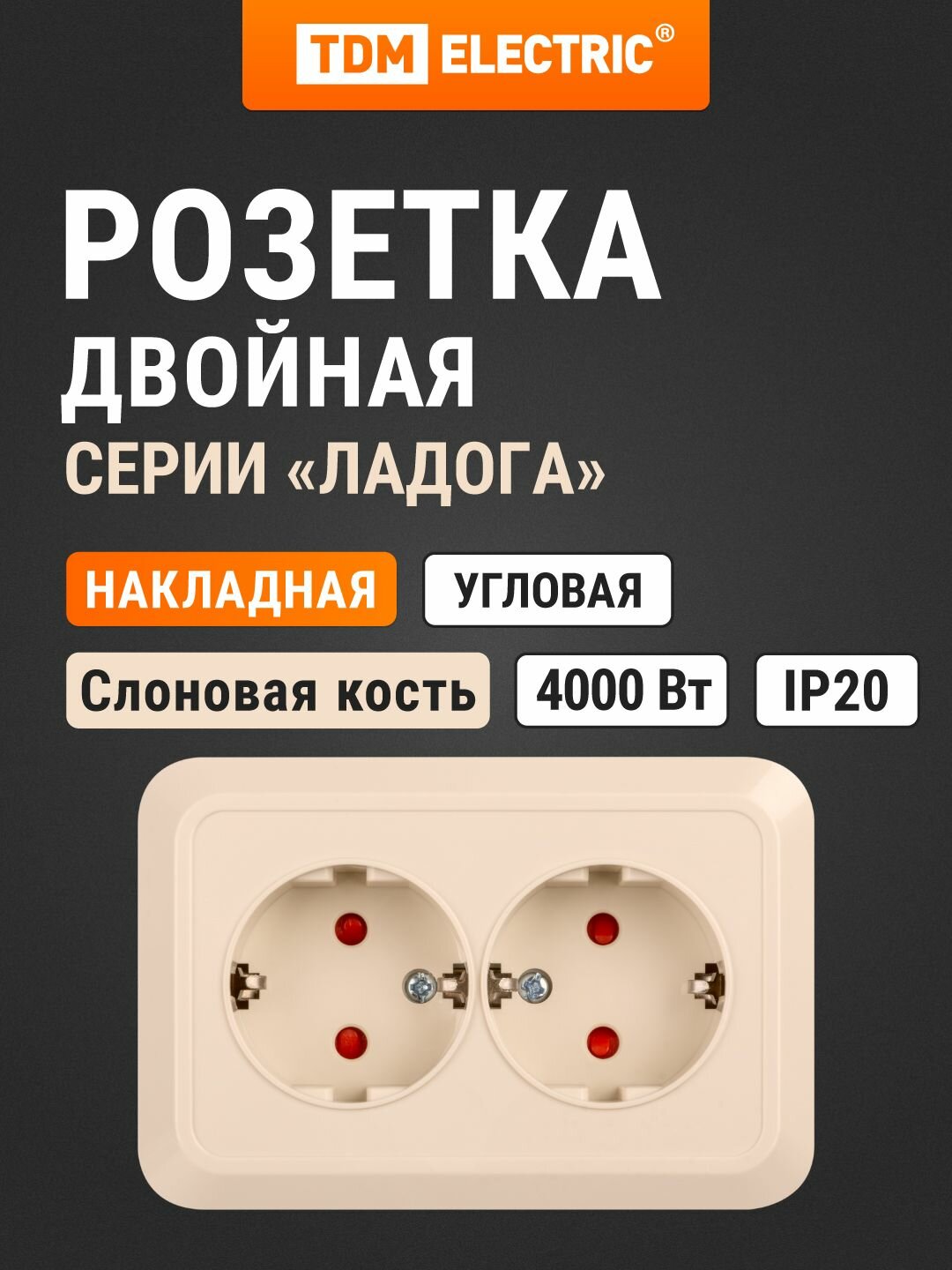 Розетка двойная накладная угловая 2П с заземлением с защитными шторками IP20 250В 16А сл. кость "Ладога" TDM ELECTRIC