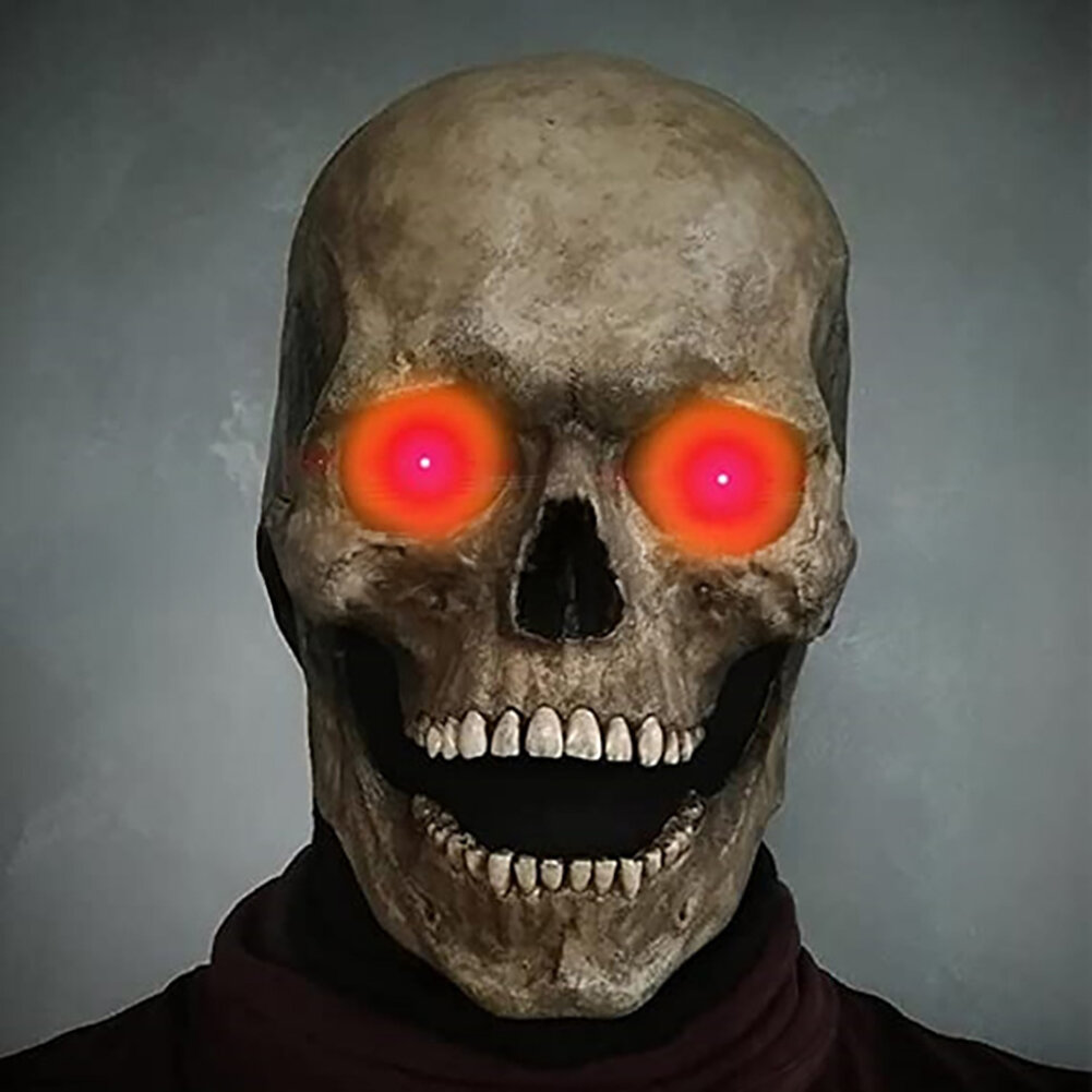 Анимированная говорящая маска Хэллоуина: светящиеся зелёные глаза, подвижная челюсть, реалистичный череп, маска для полной головы