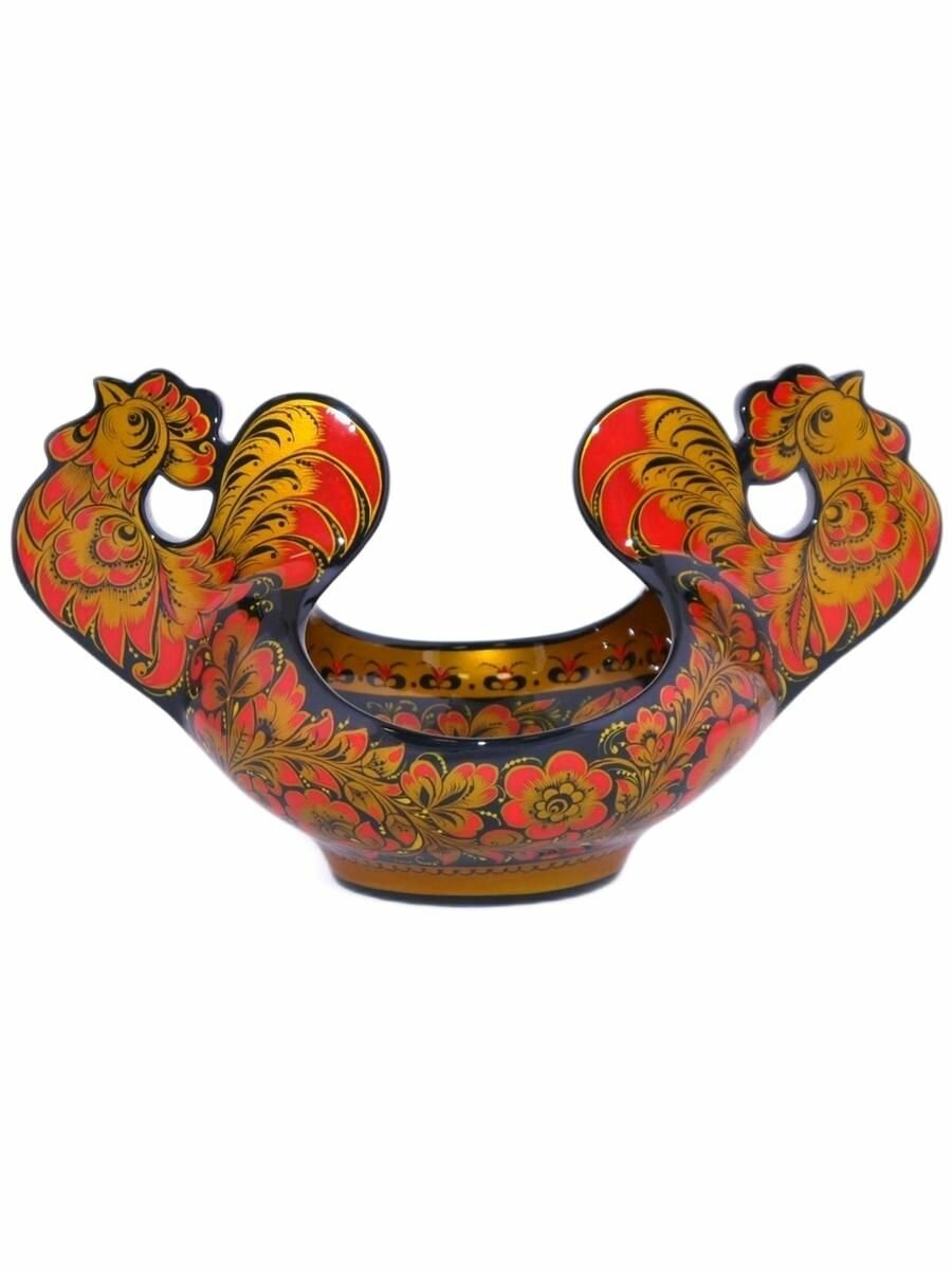 Шкатулка, Универсальная ёмкость, Ковш-петухи "Петухи дерущиеся" 35х17х19 см, Хохломская роспись (Хохлома), ручная авторская работа