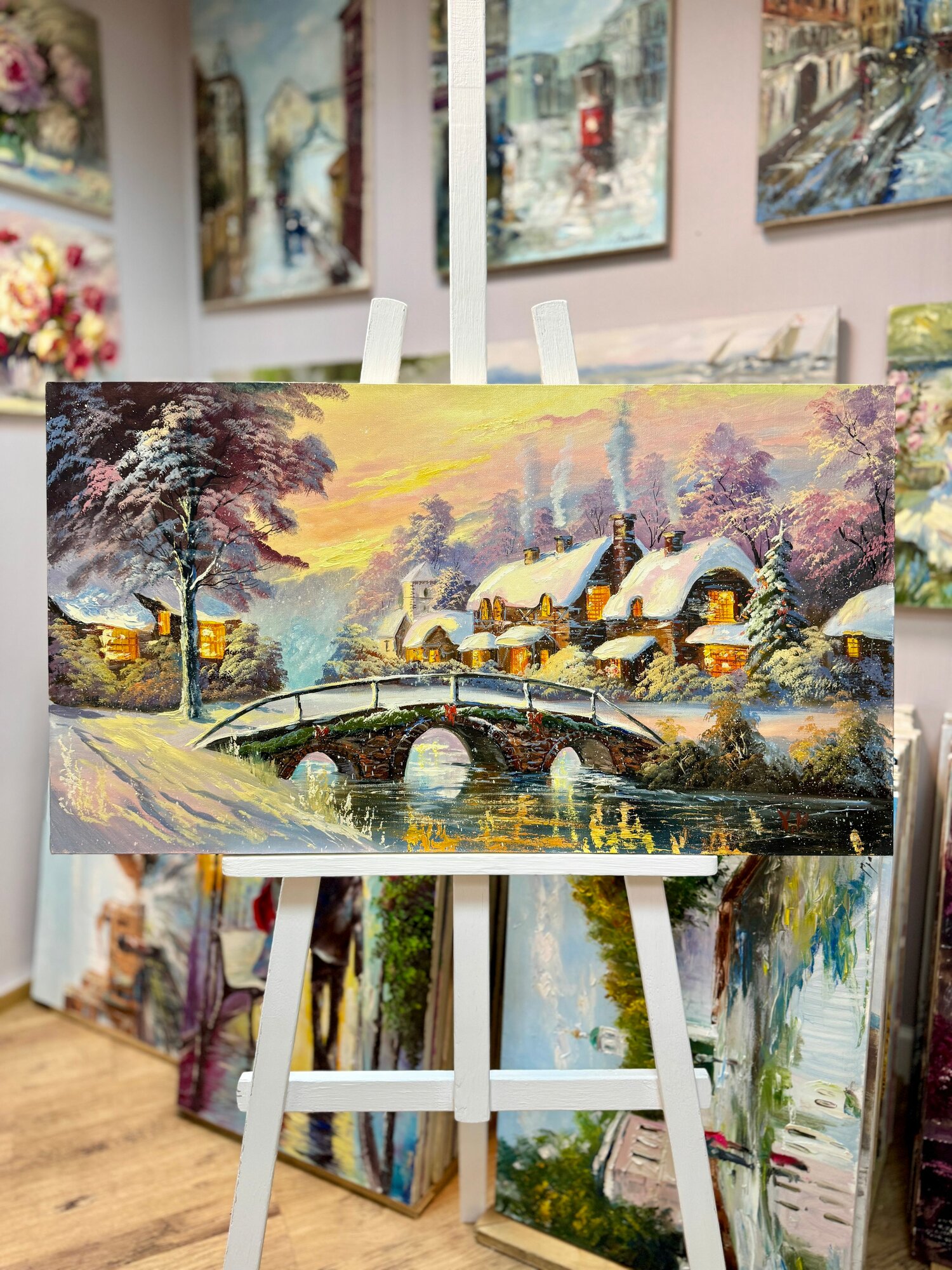 Картина маслом 50х90 см Сказочный зимний пейзаж. Домики мостик. Художественная мастерская Грёзы