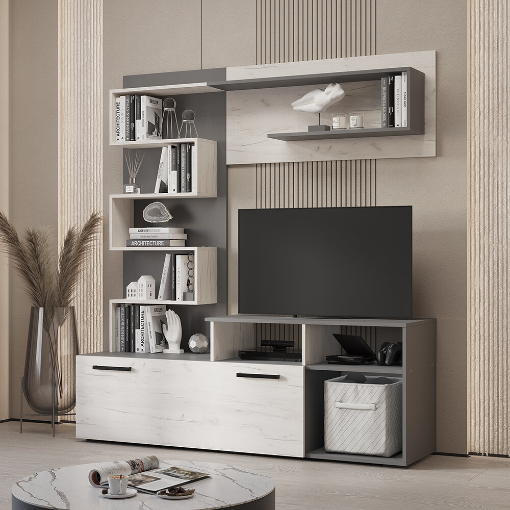 Гостиная "Евро", стенка в гостиную, ЛДСП Графит/Дуб крафт белый