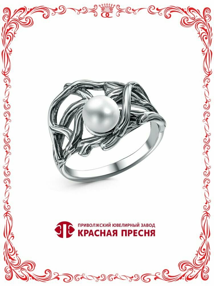Кольцо, серебро, 925 проба, оксидирование, жемчуг имитация