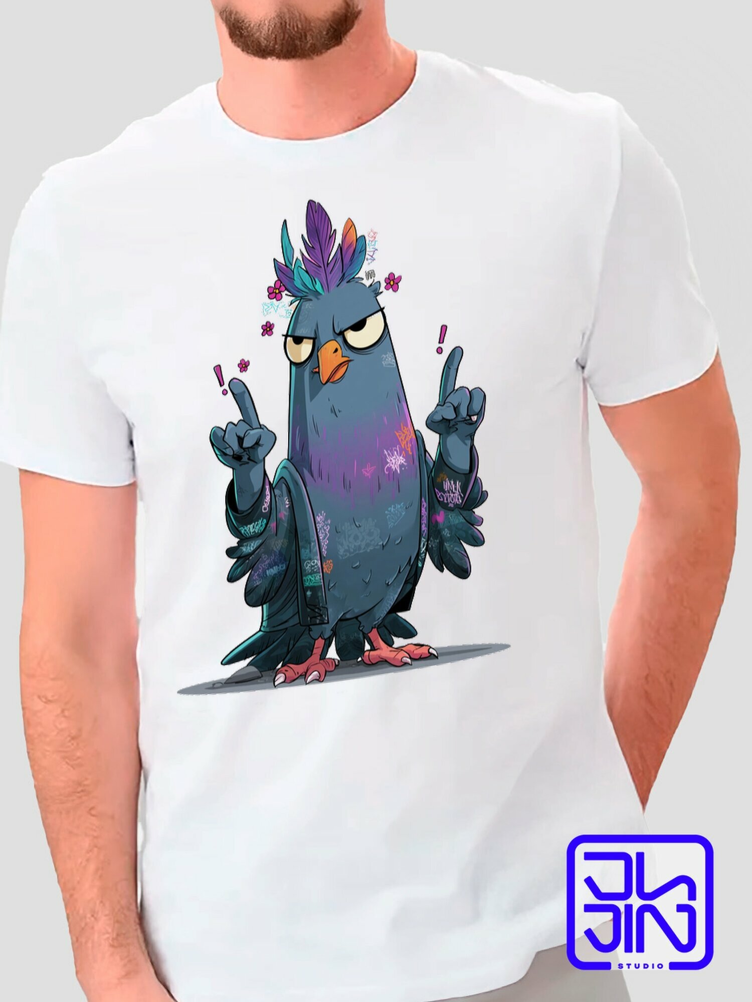 Футболка классическая мужская с авторским принтом Дерзкая темно синяя и темно серая карикатура голубя с мемами и граффити, белый хлопковый трикотаж с прикольным рисунком на груди