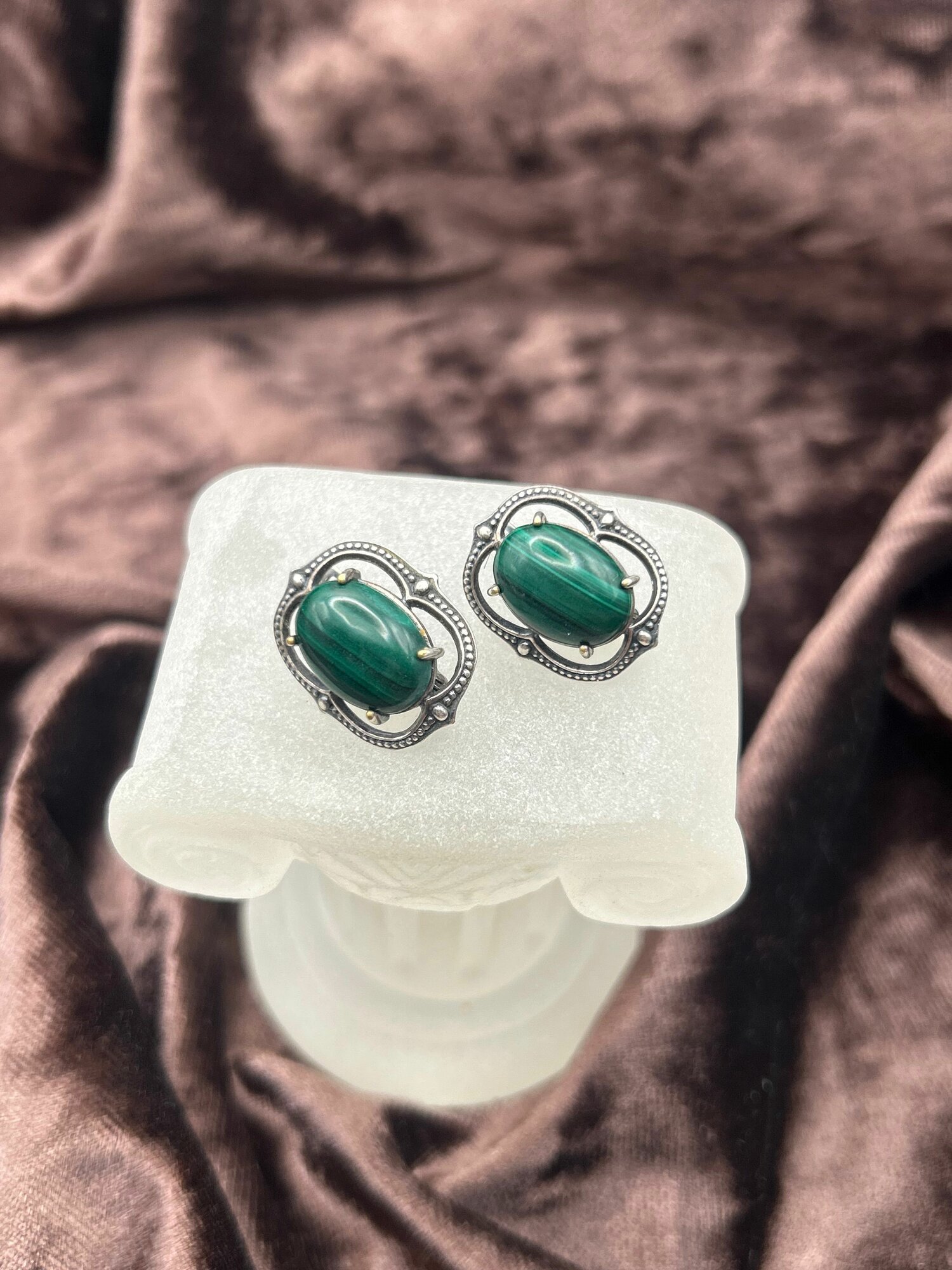 Винтажные мельхиоровые серьги, натуральный малахит, клеймо