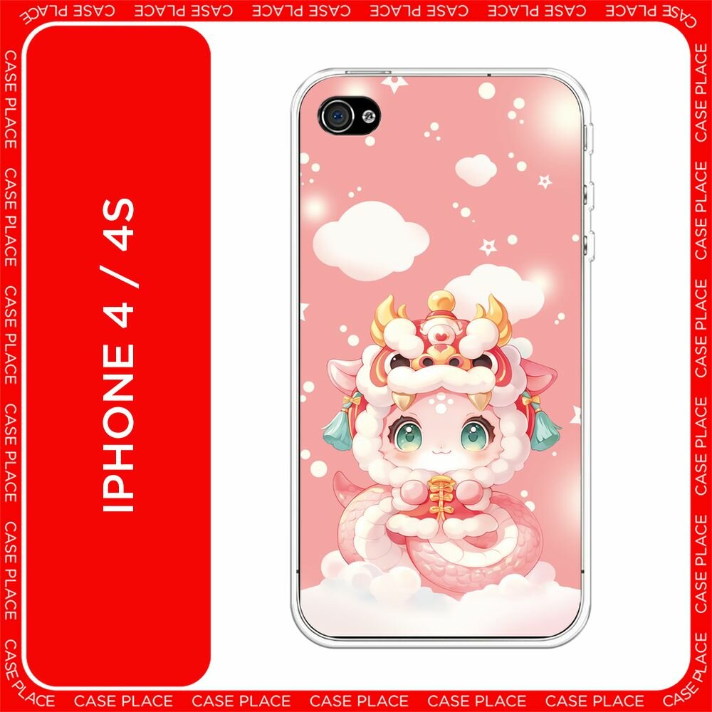 Чехол на Apple iPhone 4/4S / Айфон 4/4S с принтом Розовая китайская змейка 1