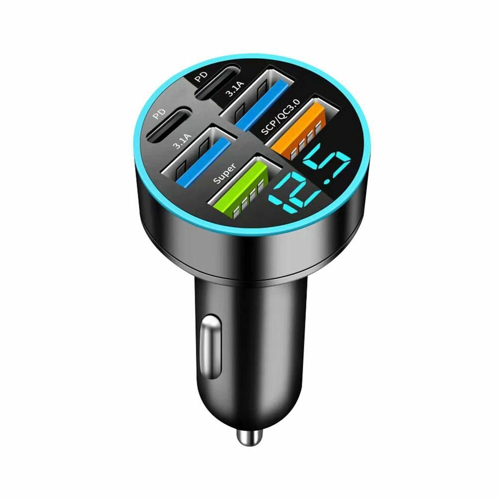 Автомобильное зарядное устройство с цифровым дисплеем,2PD 4USB(QC3.0),66 Вт быстрая зарядка