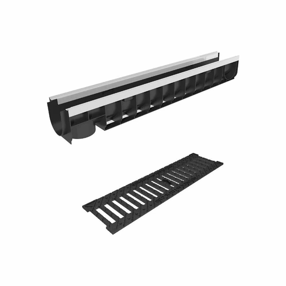 Gidrolica Лоток водоотводный пластиковый усиленный DN100 высота 138 мм с чугунной щелевой решеткой и металлическим крепежом в комплекте класс С250 8004506