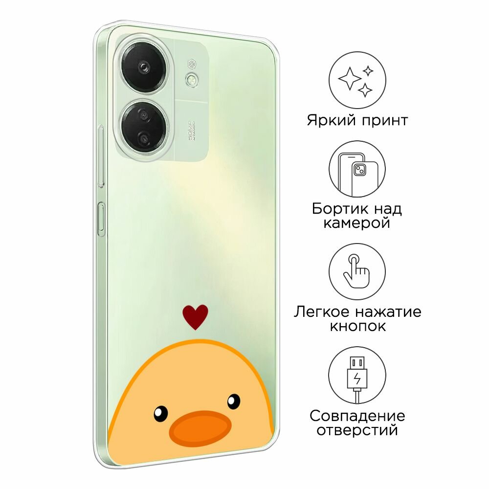 Чехол на Xiaomi Redmi 13C/Poco C65 / Сяоми Редми 13C/Поко С65 с принтом "Влюблённая уточка - 14 февраля", прозрачный — фото 1
