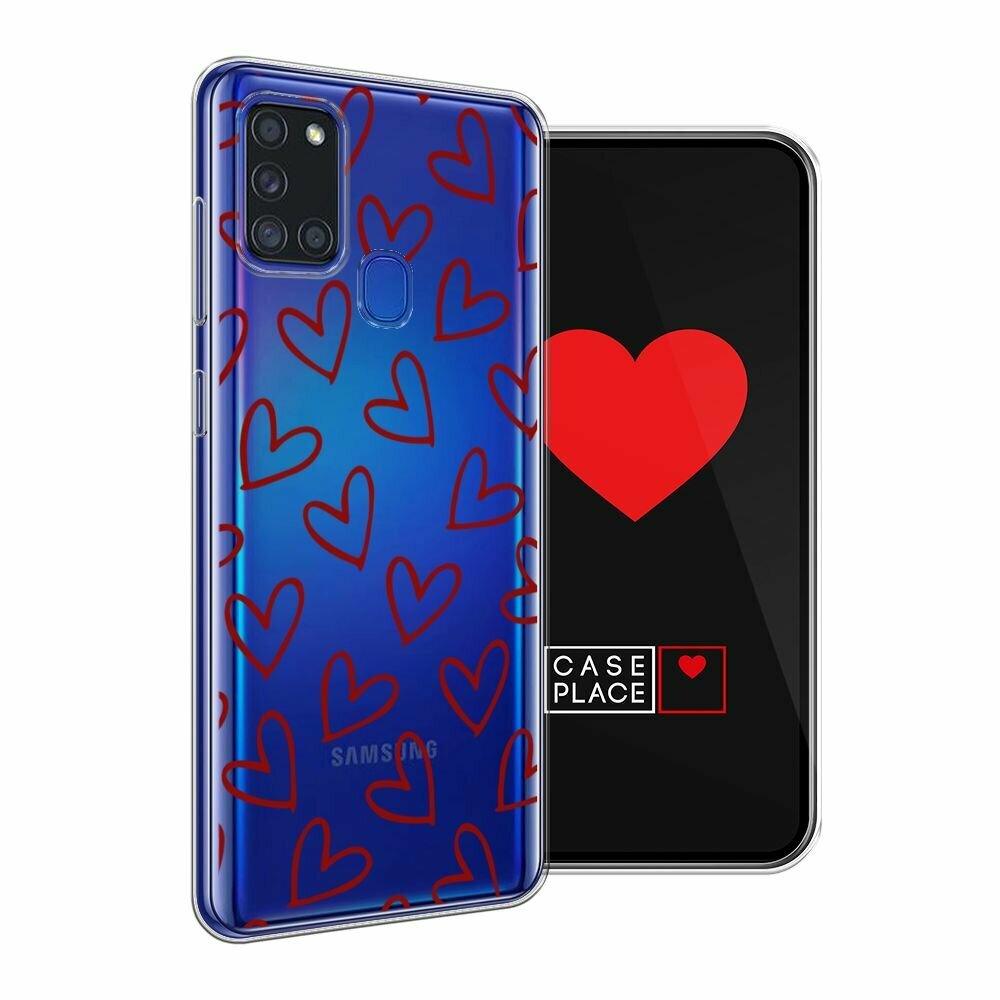 Чехол на Samsung Galaxy A21s / Самсунг Галакси A21s с принтом "Little hearts doodles 2 - 14 февраля", прозрачный — фото 1