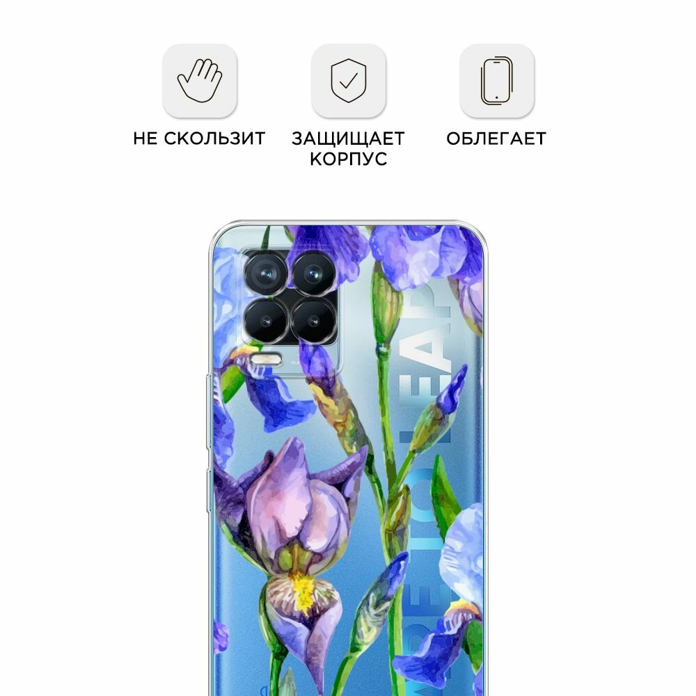Чехол на Realme 8/8 Pro / Реалми 8/8 Про с принтом "Синие ирисы", прозрачный — фото 1