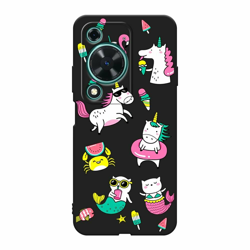 Черный матовый чехол на Huawei Nova Y72/Y72s / Хуавей Нова Y72/Y72s с принтом "Единороги в отпуске"