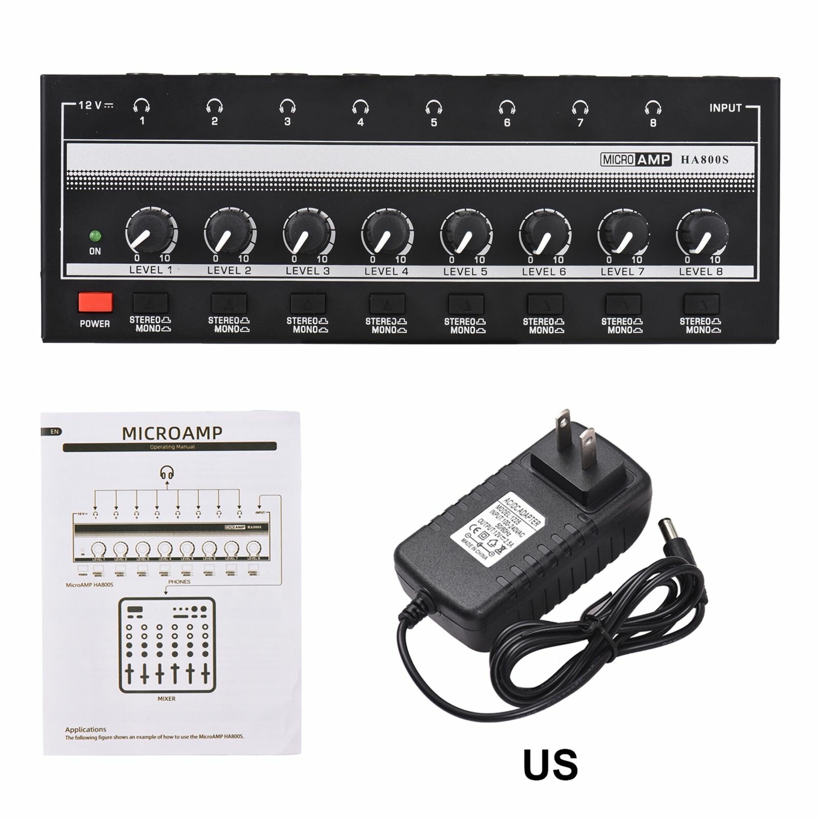 HA800S 8-канальный усилитель для наушников, стереофонический монофонический аудиоусилитель, металлический ультракомпактный мини-усилитель для стереомикрофона с адаптером питания