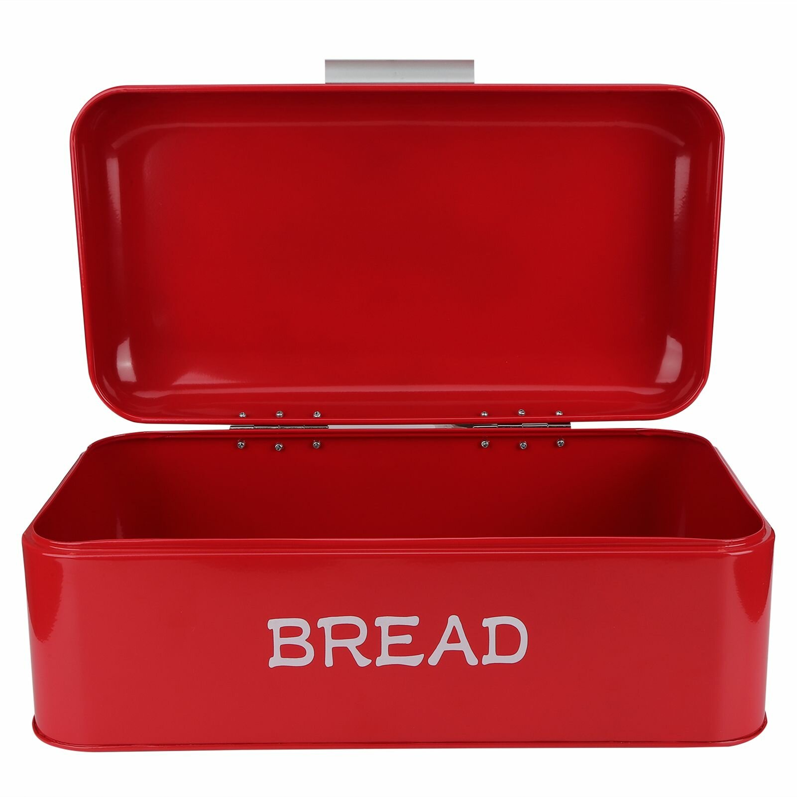 Популярная металлическая хлебница с большой плоской крышкой красного цвета