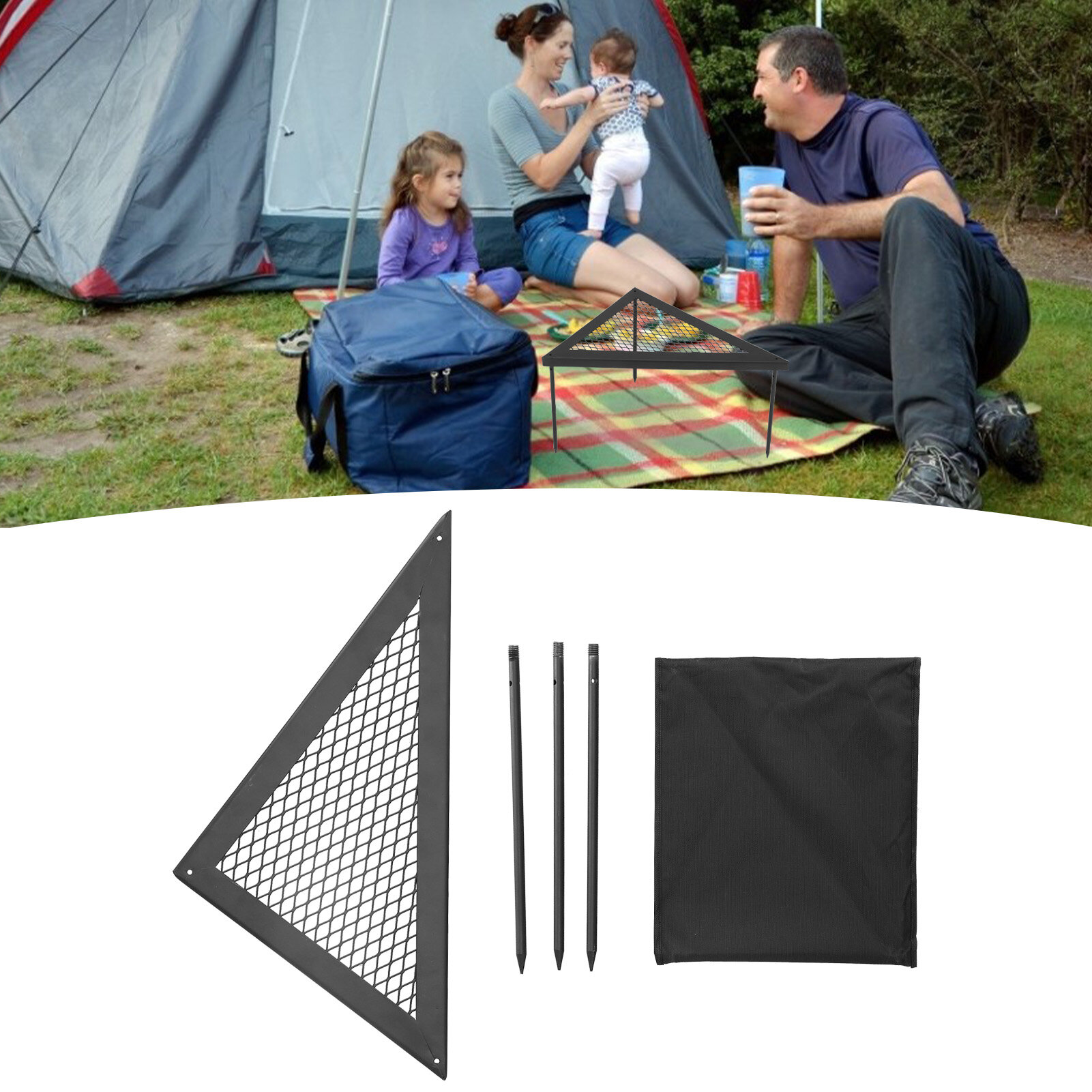 Треугольная сетка из кованого железа на открытом воздухе, стол для кемпинга, барбекю, треугольная стойка из кованого железа