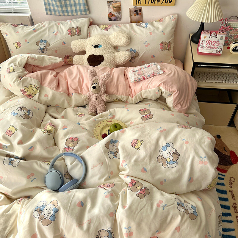 Комплект из четырех простыней из стираного хлопка с милым рисунком (класс А), осеннее постельное белье, пододеяльник для студенческого общежития, комплект из трех предметов,150*200cm