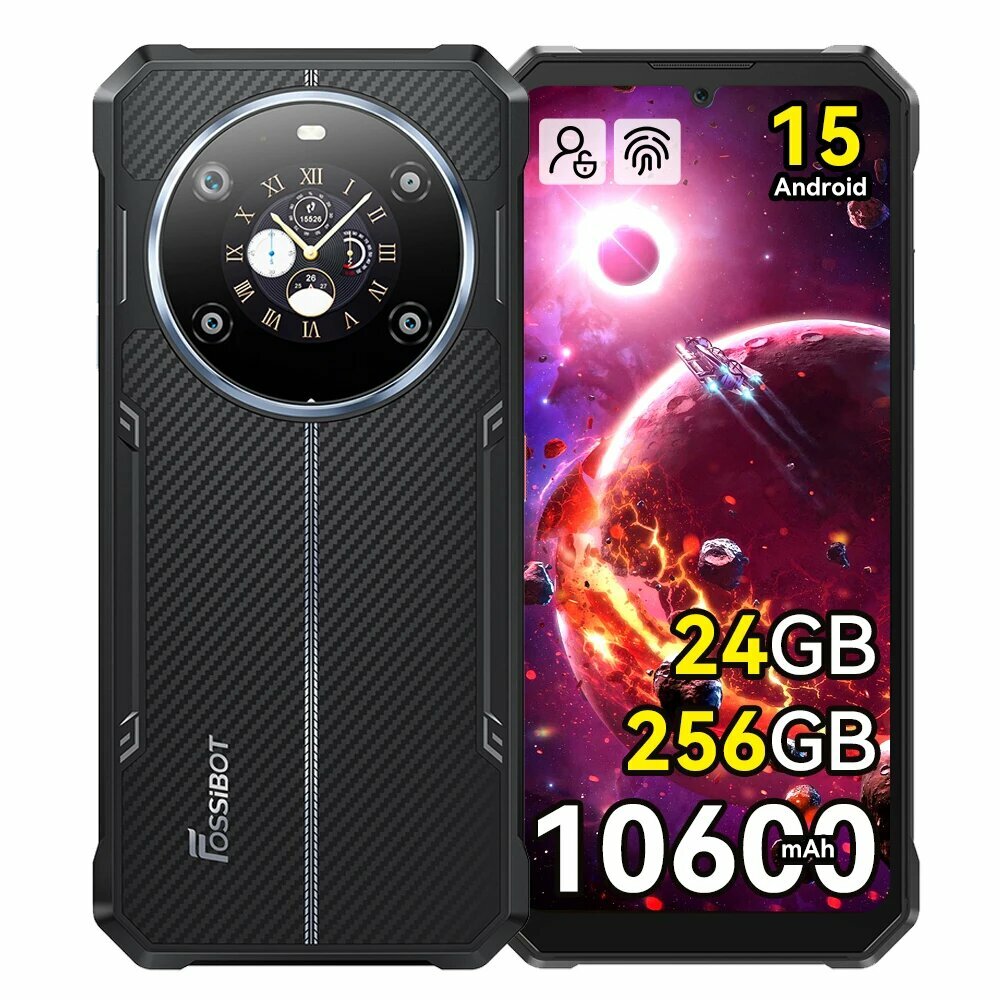 Защищенный смартфон FOSSIBOT F109S, 10600 мА·ч, 6,745-дюймовый HD, Android 15, 24 (6+18) ГБ, 256 ГБ, 50 Мп, NFC/GPS, 18 Вт, 4G, двойной экран