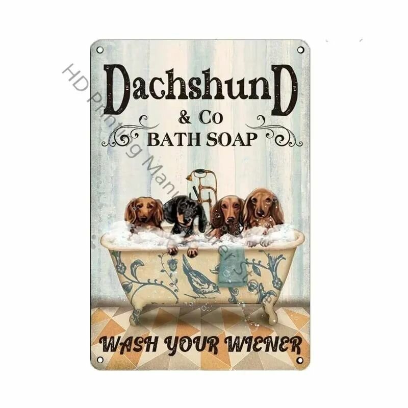 Табличка такса "Dachshund & Co Bath Soap", ретро стиль, металл, декор для интерьера, 20х30 см.