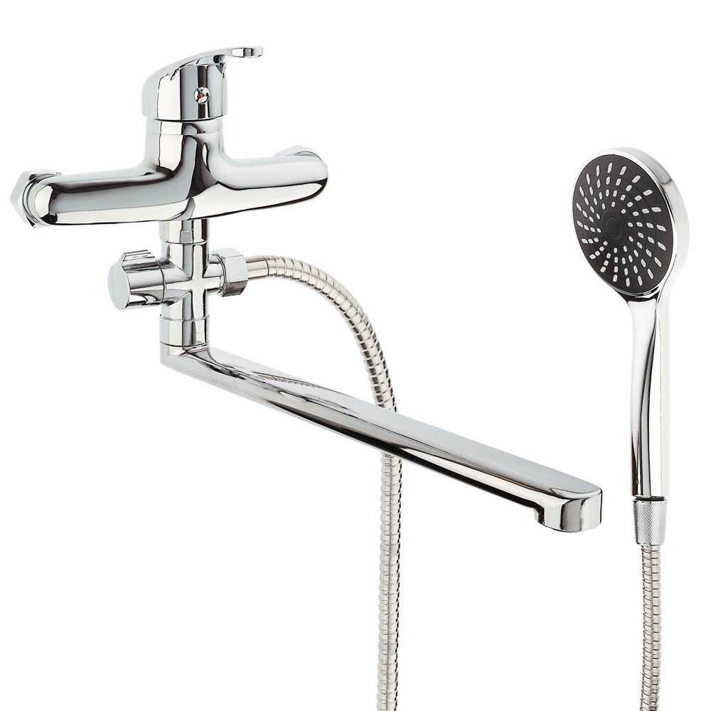 Смеситель для ванны с душем, прямой поворотный излив 30 см, цинк