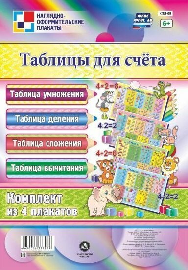 Комплект из 4 плакатов "Таблицы для счёта" ("Таблица умножения", "Таблица сложения", "Таблица деления", "Таблица вычитания"). ФГОС. ФГОС до