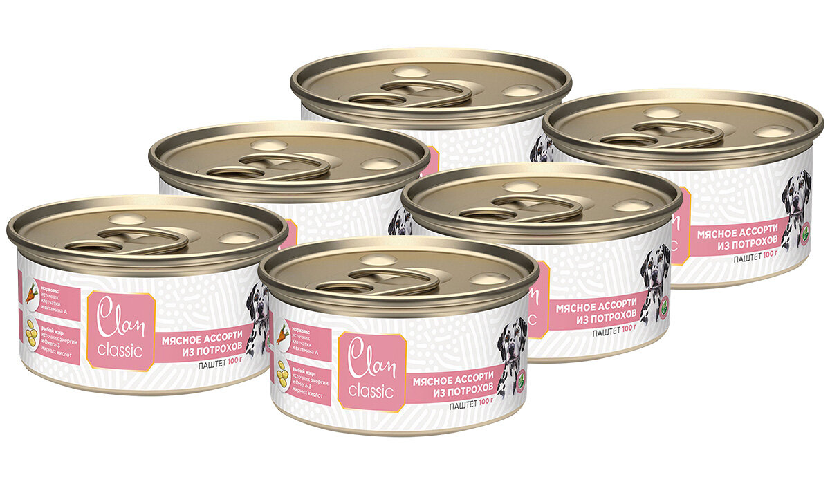 Корм влажный Clan Classic Мясное Ассорти для взрослых собак, потрошки, 100 г х 6 шт