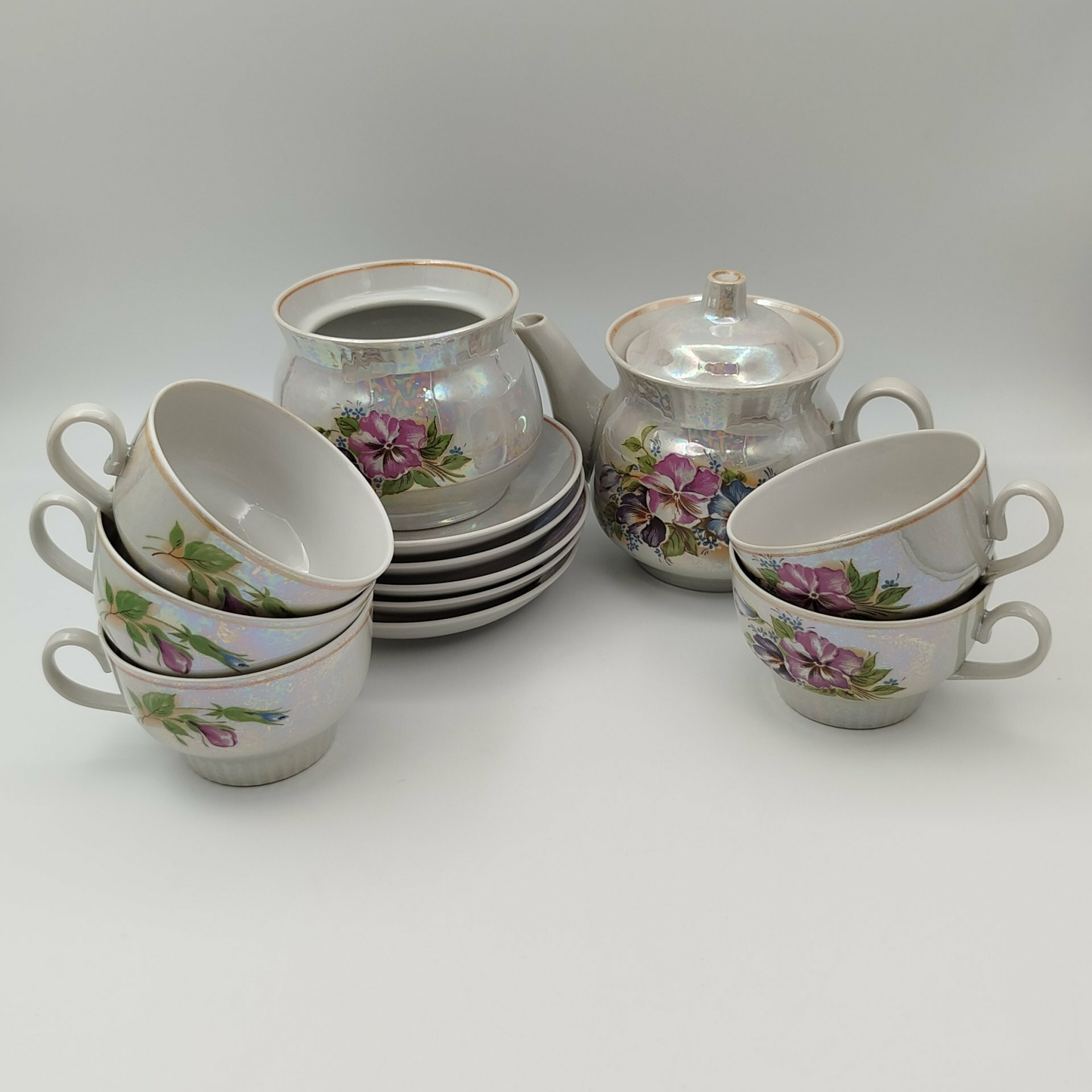 Сервиз чайный с цветочным декором на 5 персон (12 предметов), фарфор, люстр, деколь