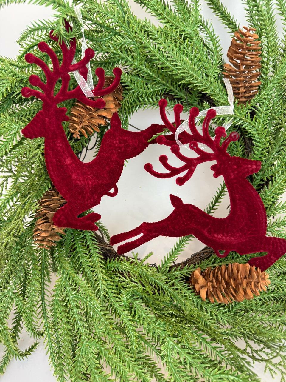 Игрушка под елку, елочная игрушка бархат красная Олень новогодний 18*17 см 2 шт