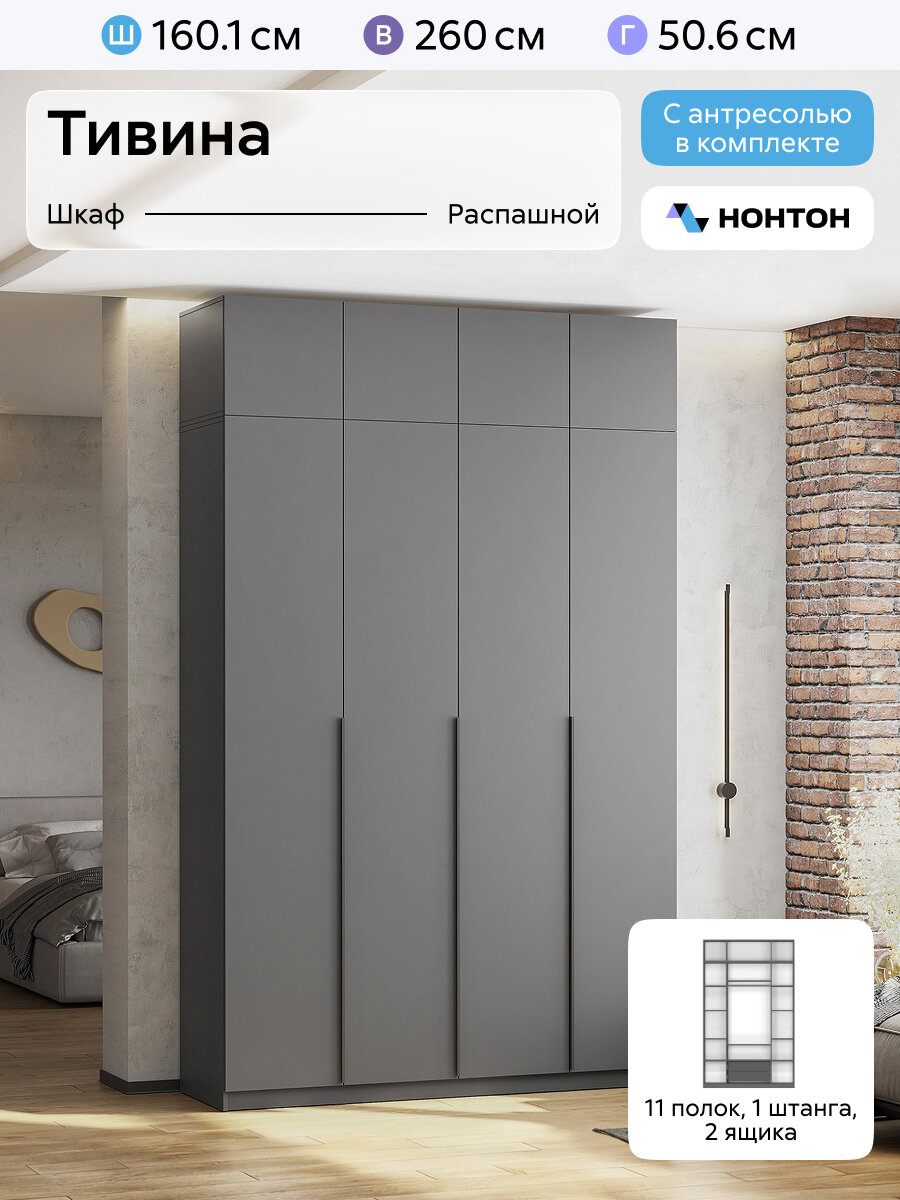 Шкаф для одежды распашной Нонтон Тивина, с антресолью, 160 см, 11 полок, 1 штанга, 2 ящика, графит серый