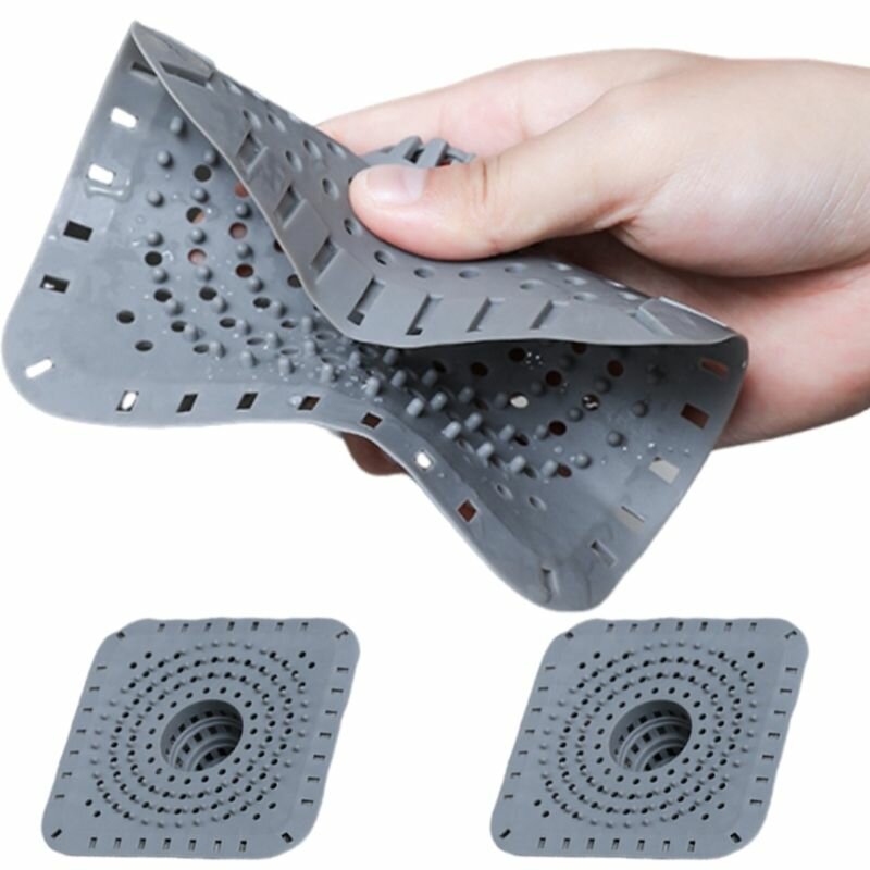 3 раковины, силиконовая крышка для слива в полу с защитой от засорения, фильтр выхода канализации-серый-квадратный