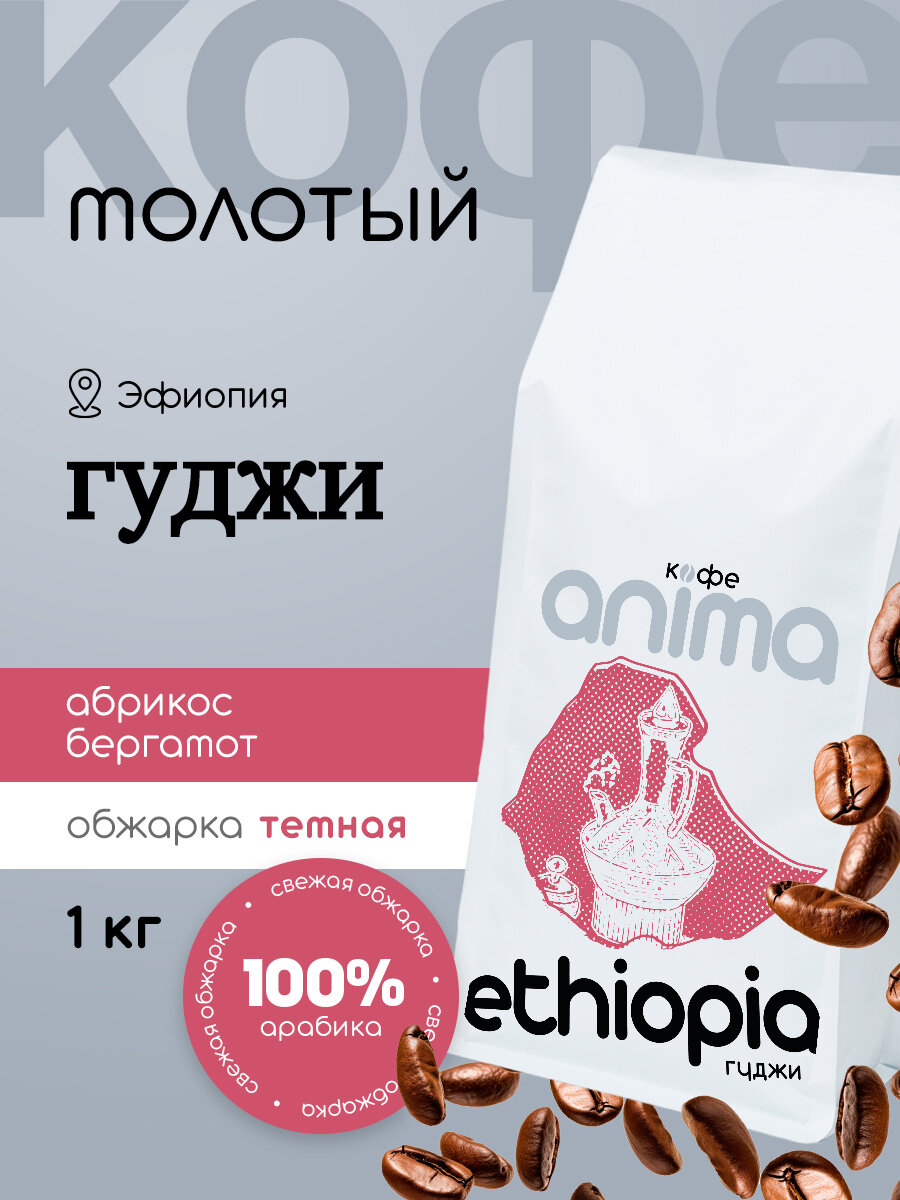 Кофе молотый Anima "Гуджи", 100% арабика, тёмная обжарка, Эфиопия мелкий помол 1кг