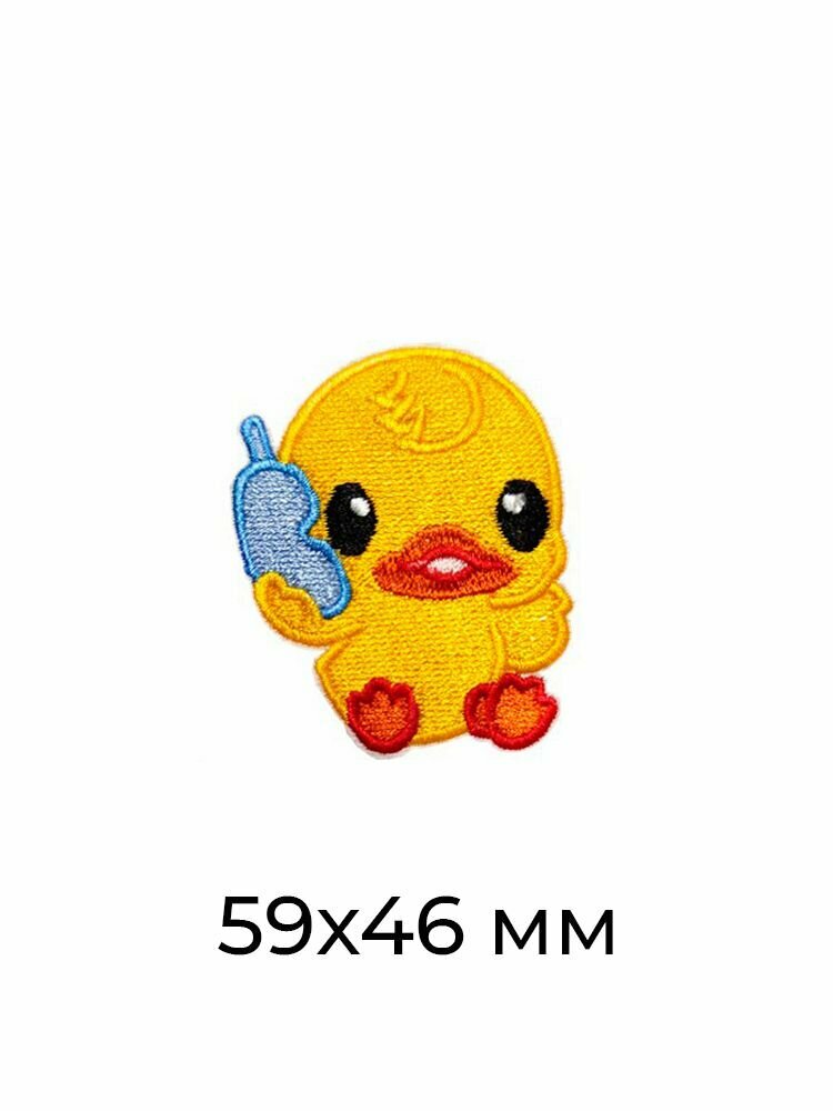 Нашивка Утенок с телефоном 59x46 мм, Заплатка на одежду, Термоаппликация