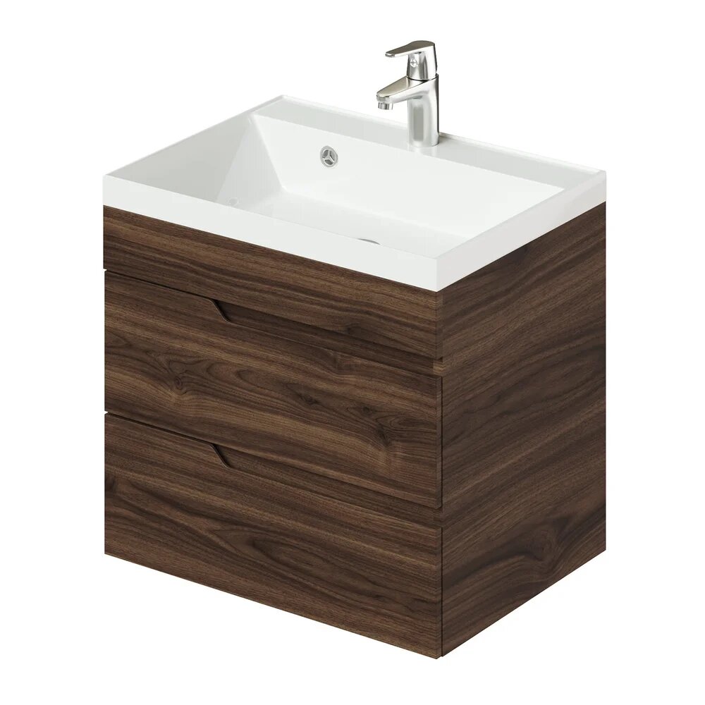 Тумба с раковиной Itana Alexa 60 подвесная, 59, 7 см, коричневая, из МДФ, с ящиками, раковина для ванной из камня, прямоугольная