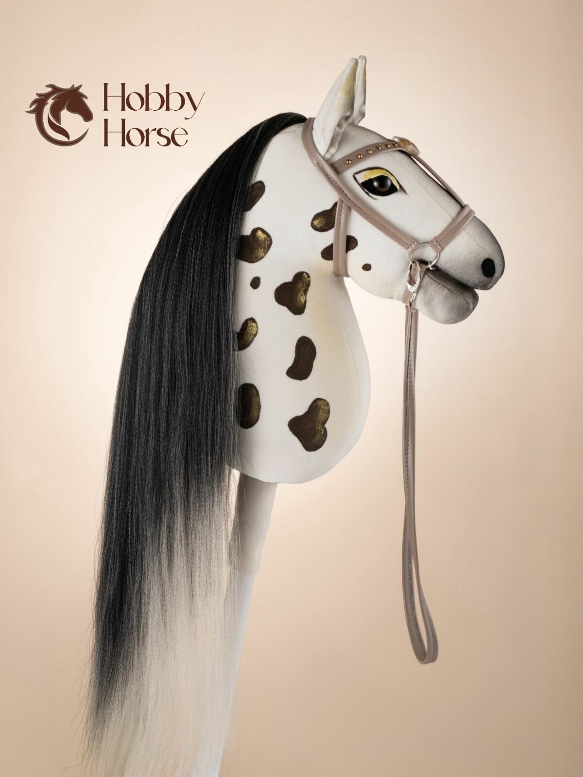 Хоббихорс леопардовой расцветки - конь на палке, бежевый, коричневый, 70 см