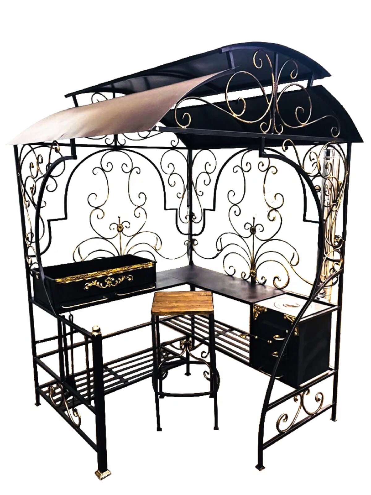 Мангал-беседка "Элит Голд Премиум" с табуретом, цельносварная, со съемной жаровней и печью