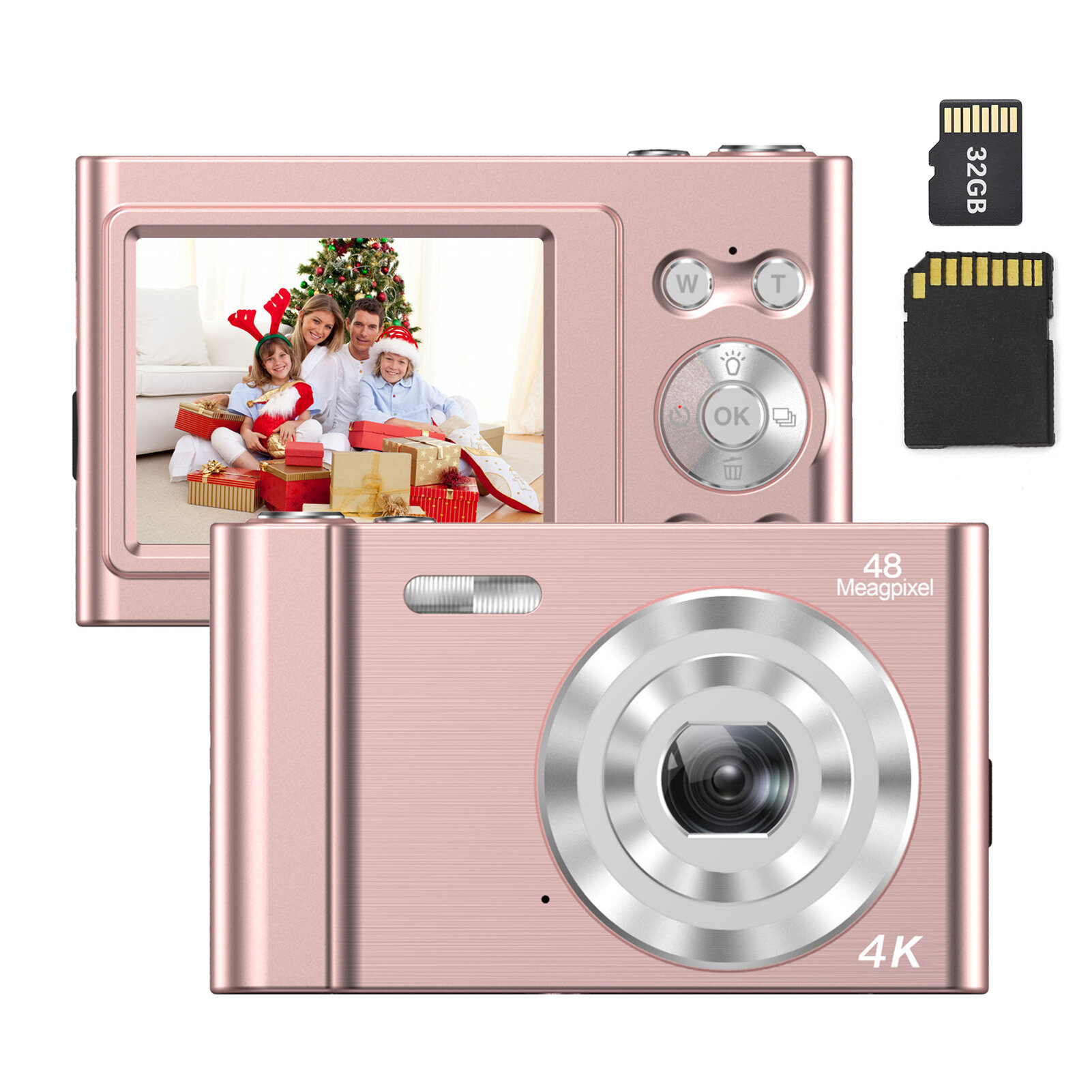 4K Видеокамера Цифровая Камера 48MP 2.4 Дюймовый IPS Экран Автофокус 16X Цифровой Зум Антишок Обнаружение Лиц Захват Улыбки Встроенный Фонарик и Аккумулятор с 32GB Картой Памяти Черный Розовый Серебристый Подарок на Рождество