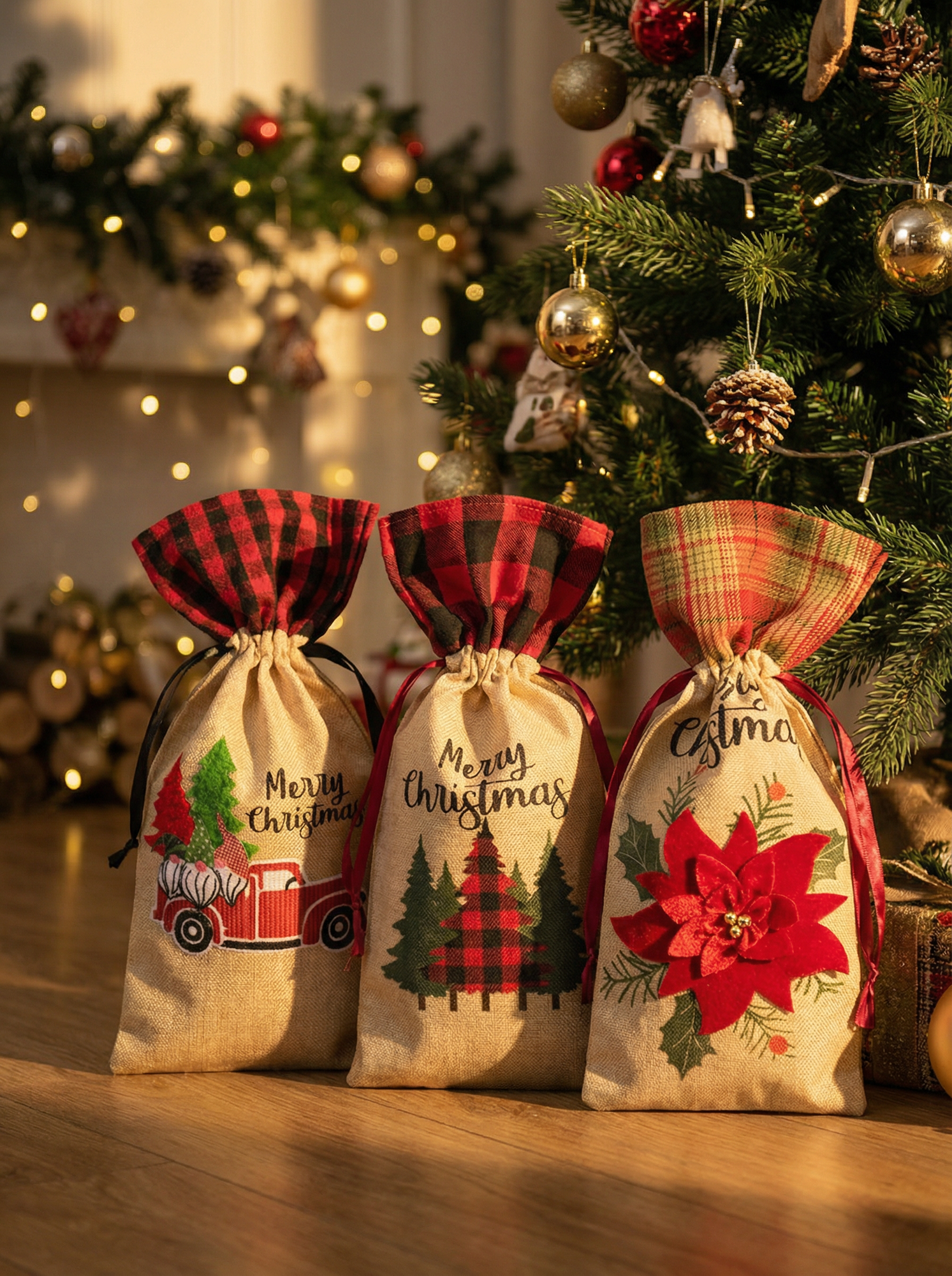 Комплект новогодних подарочных текстильных мешков, 3 штуки, размер: 37*15 см