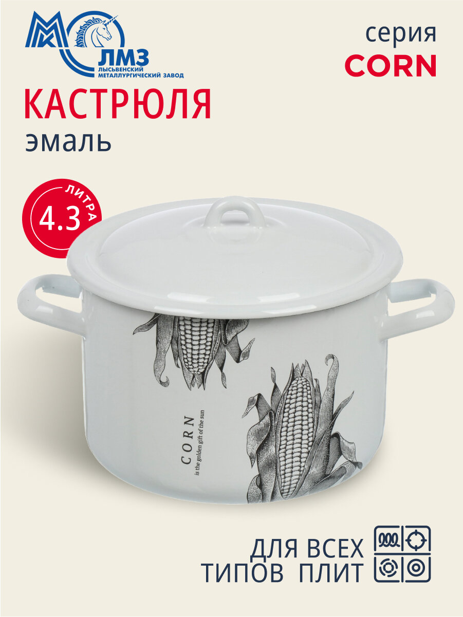 Кастрюля эмалированная сталь, 4.3 л, с крышкой, крышка сталь, цилиндрическая, лзэп, Corn, С-16141/4Э, индукция