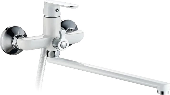 Смеситель с длинным изливом для ванны Haiba HB804 HB22804 с душевым гарнитуром, поворотный, латунный, хром, белый, глянцевый, смеситель для ванны с душем, рычажный, с настенным держателем